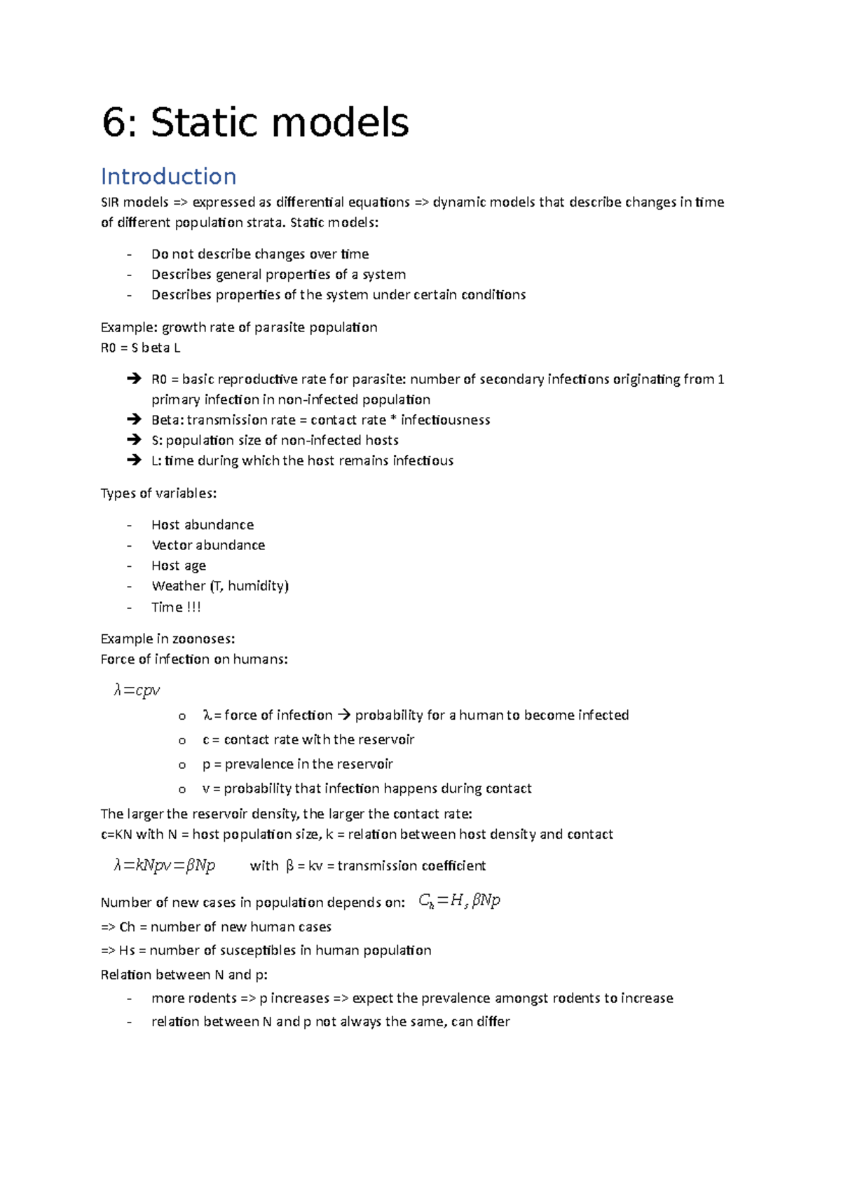 6 static models - Summary Ecology, epidemiology and control of ...