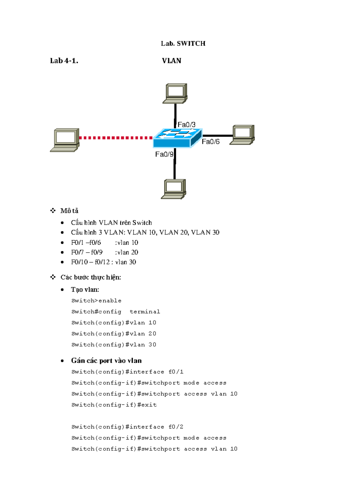 Lab-Switch - Lab - Lab. SWITCH Lab 4-1. VLAN Mô tả Cấu hình VLAN trên ...