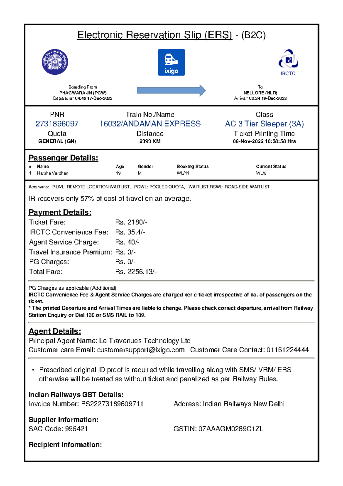 Ixitrs 98422665062617 Electronic Reservation Slip ERS B2C ixitrs-98422665062617-electronic-reservation-slip-ers-b2c