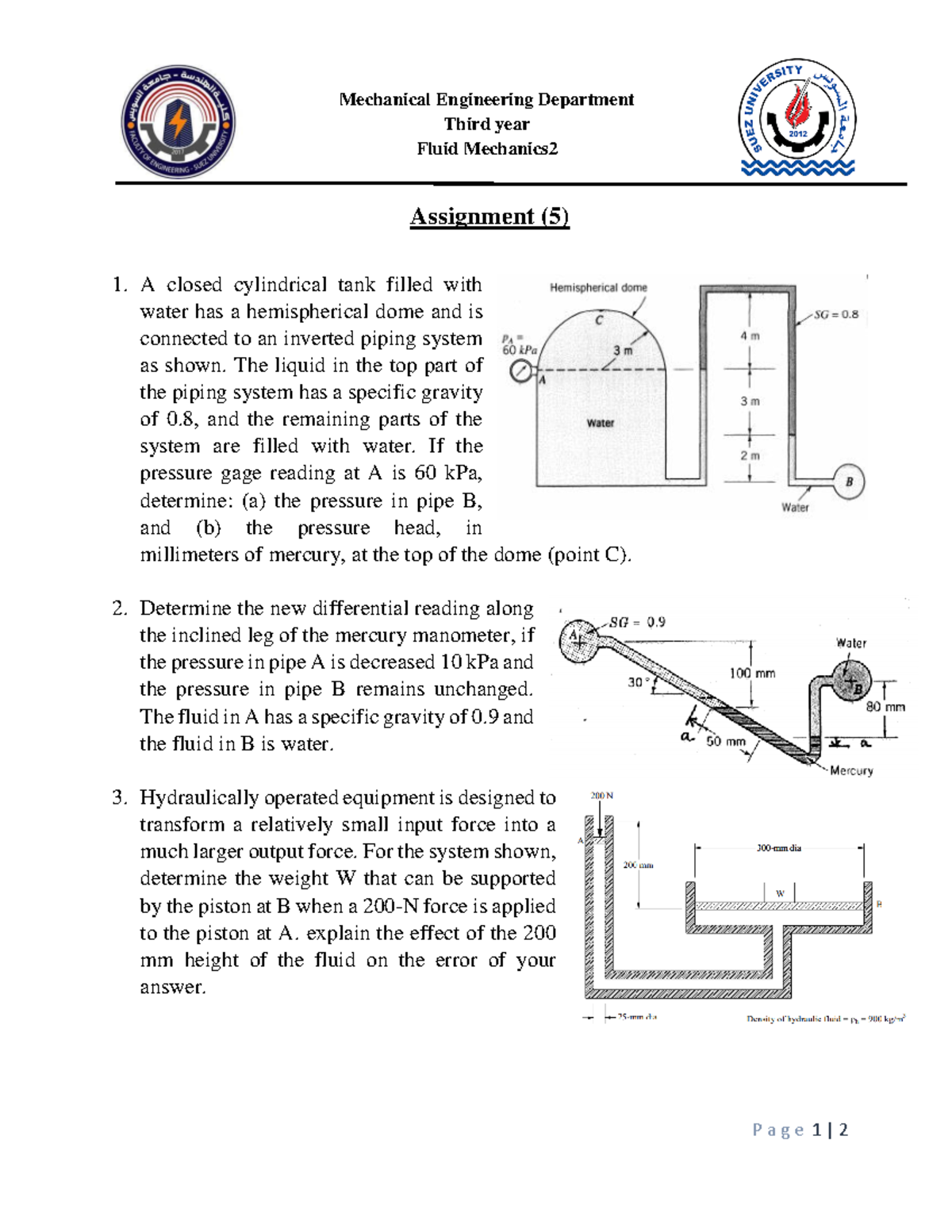 Sheet 5 - fluid - Mechanical Engineering Department Third year Fluid ...