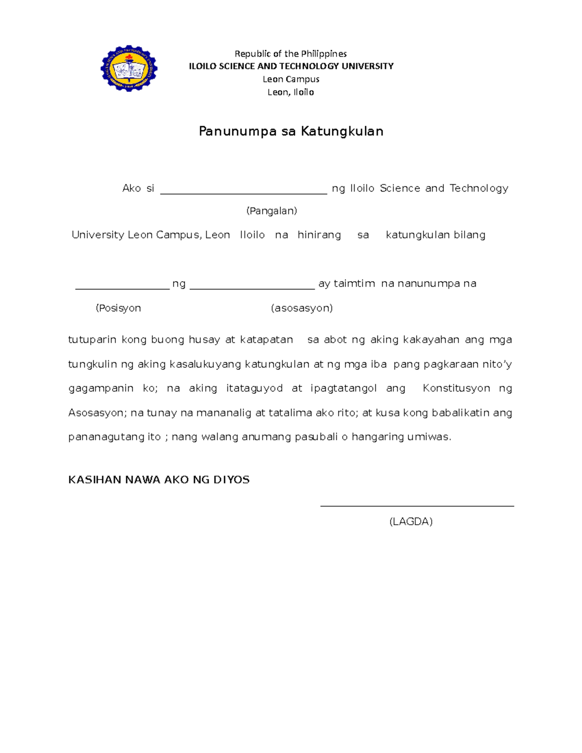 Panunumpa-sa-Katungkulan - Republic of the Philippines ILOILO SCIENCE ...