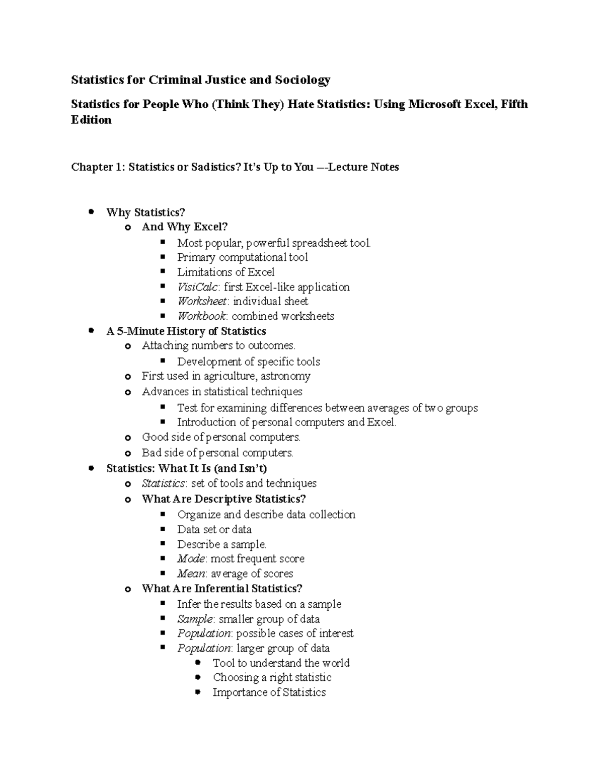 Chapter 1 Statistics or Sadistics Lecture Notes - Statistics for ...