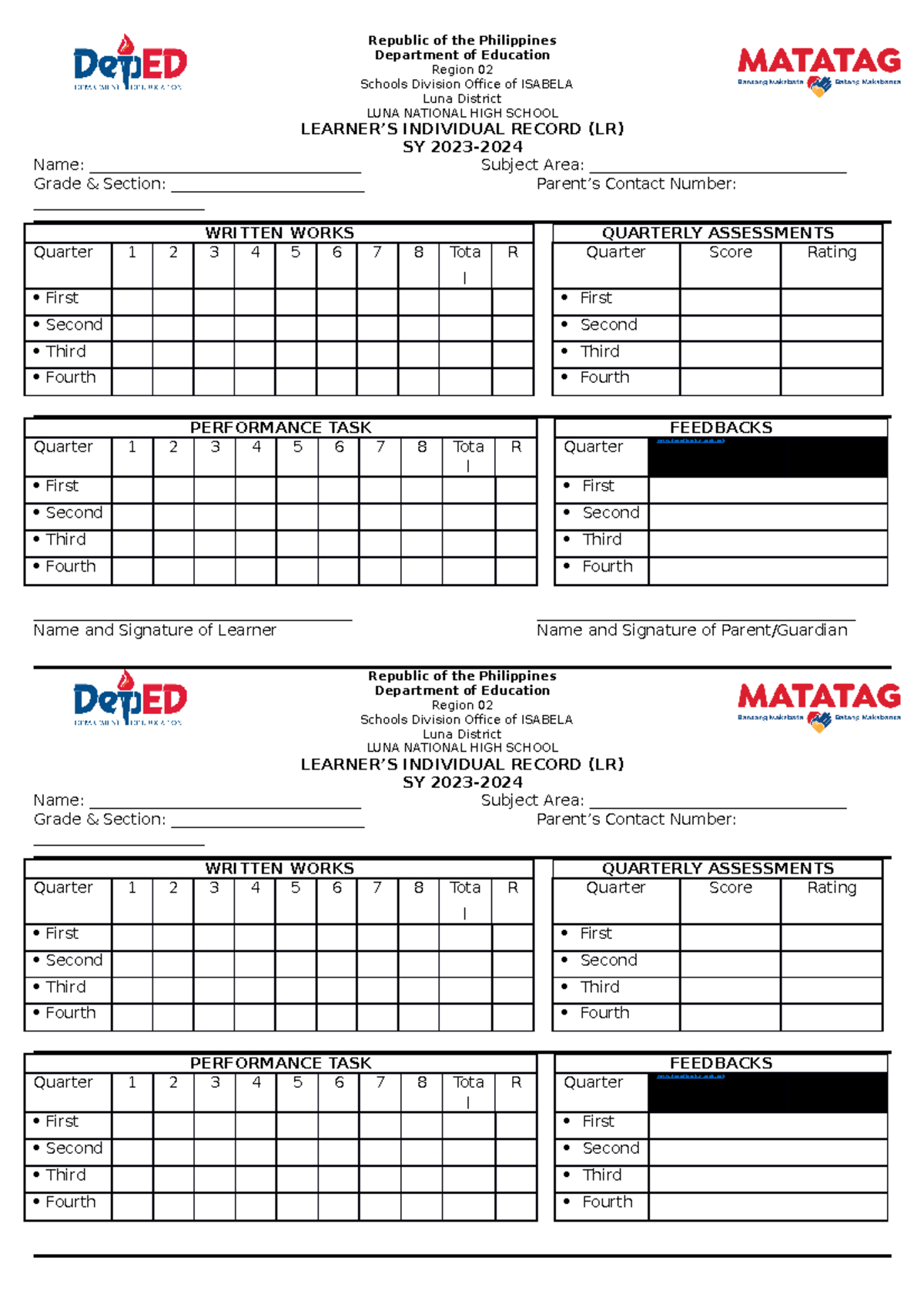 Individual Learners Record LR - Republic of the Philippines Department ...