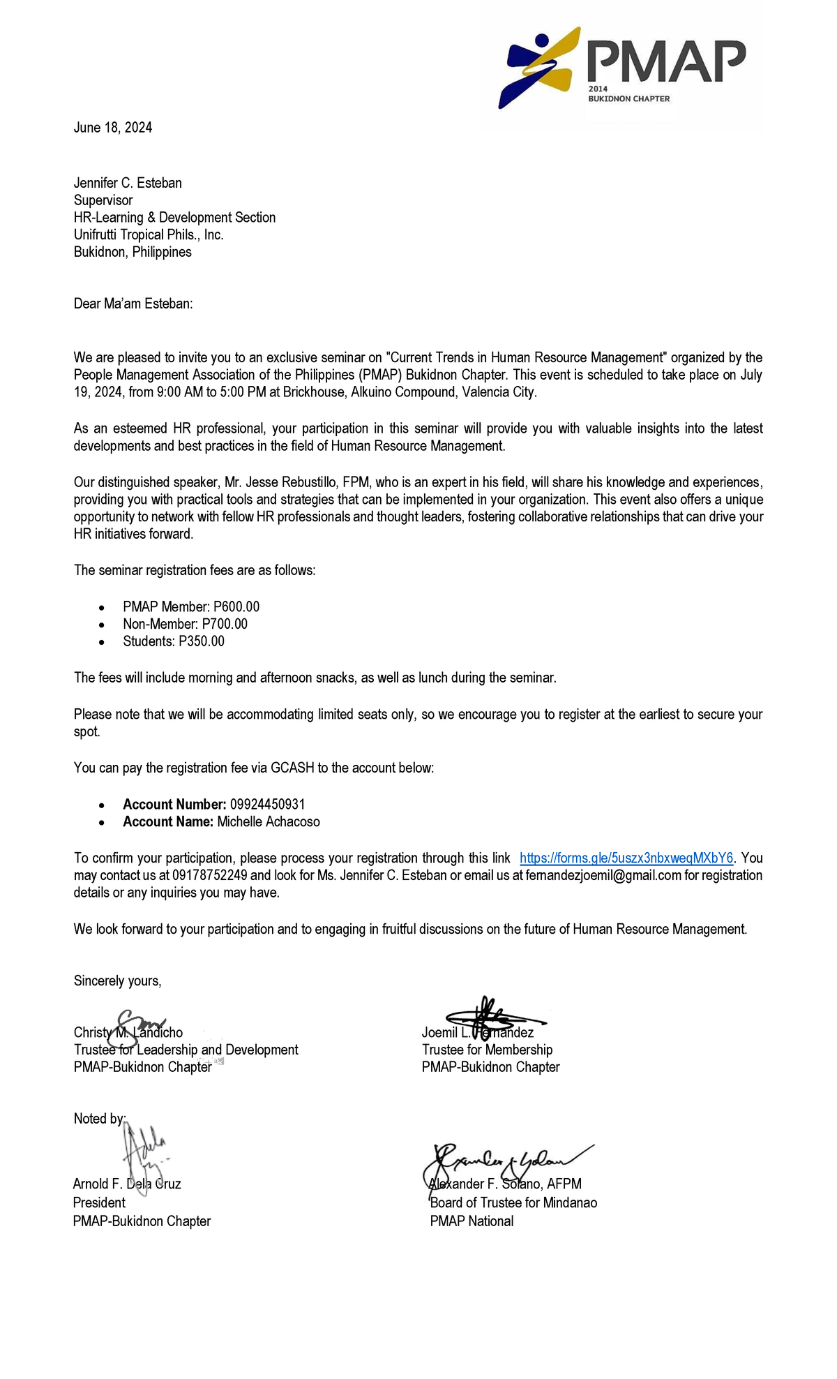 Seminar Invitation - June 1 8 , 2024 Jennifer C. Esteban Supervisor HR ...