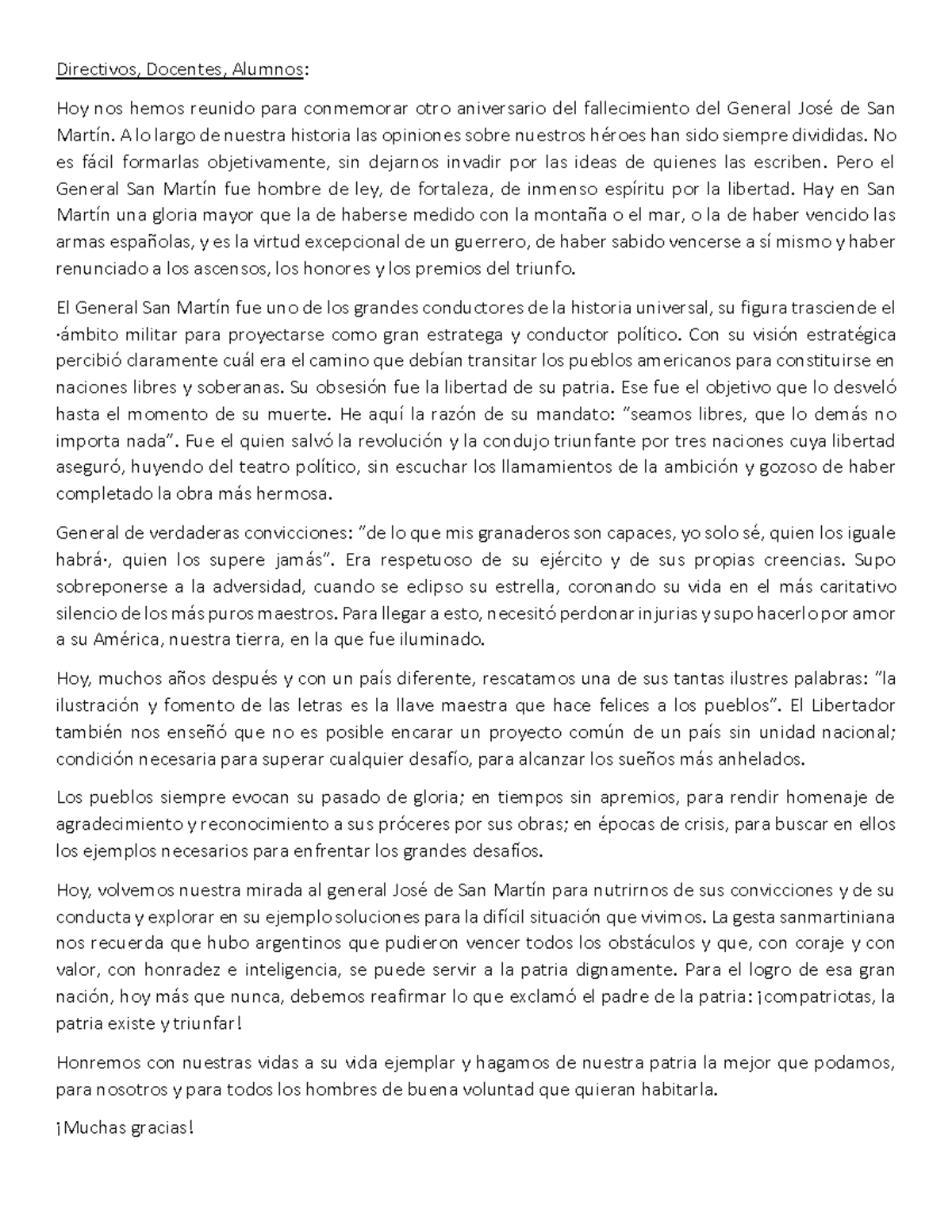 Discurso - Directivos, Docentes, Alumnos: Hoy nos hemos reunido para ...