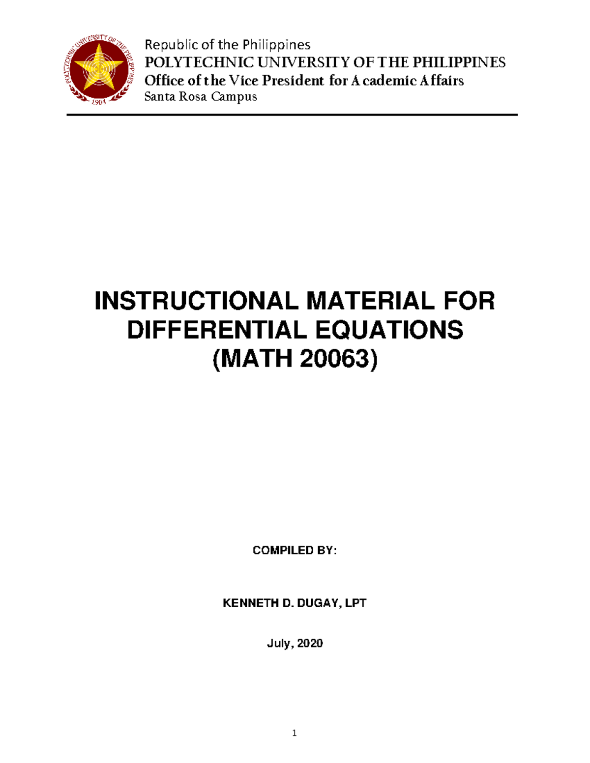 Instructional Material for MATH2006 3 Differential Equations 1 - 1 Republic of the Philippines ...