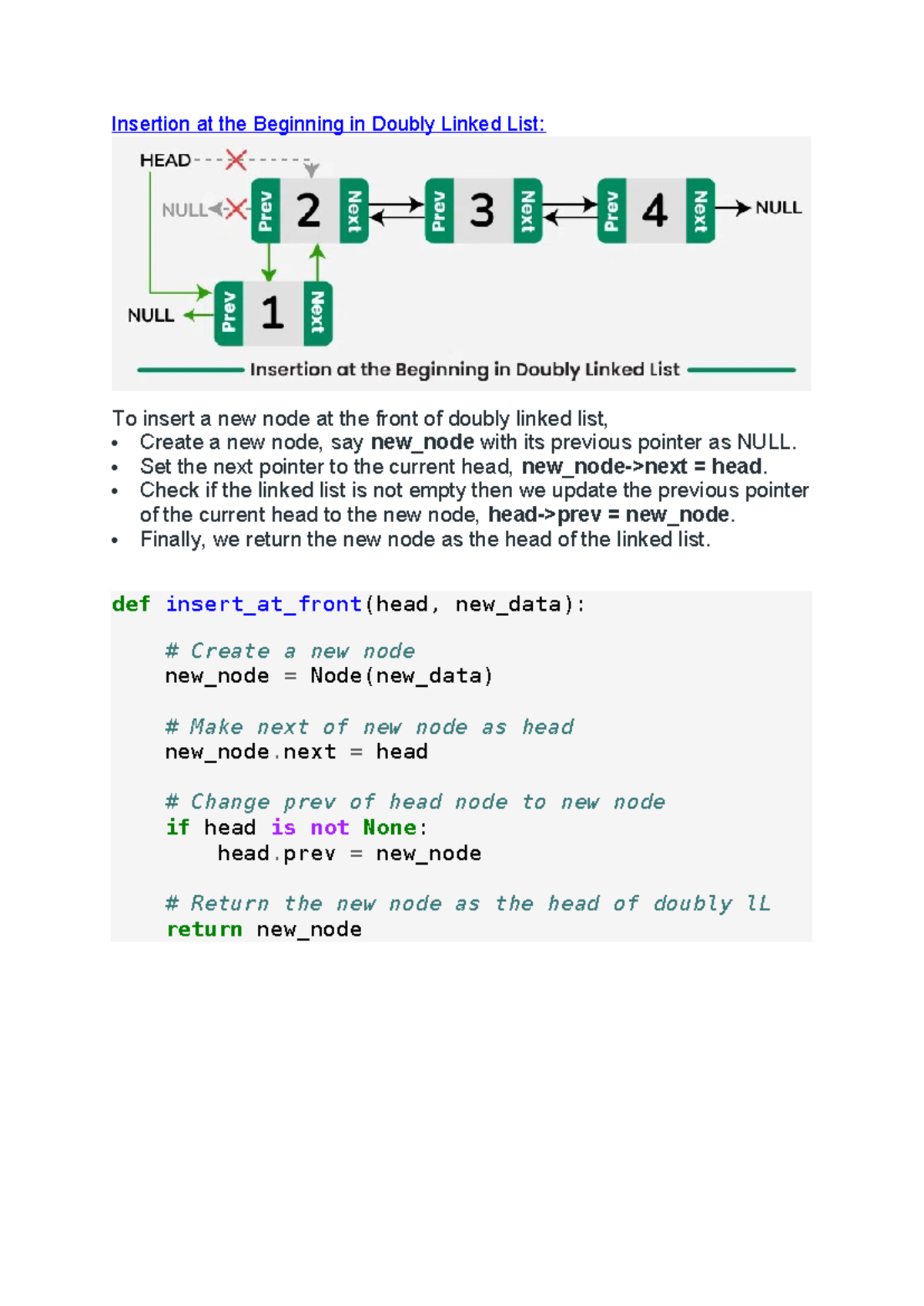 Dll Practical Insertion At The Beginning In Doubly Linked List To Insert A New Node At The