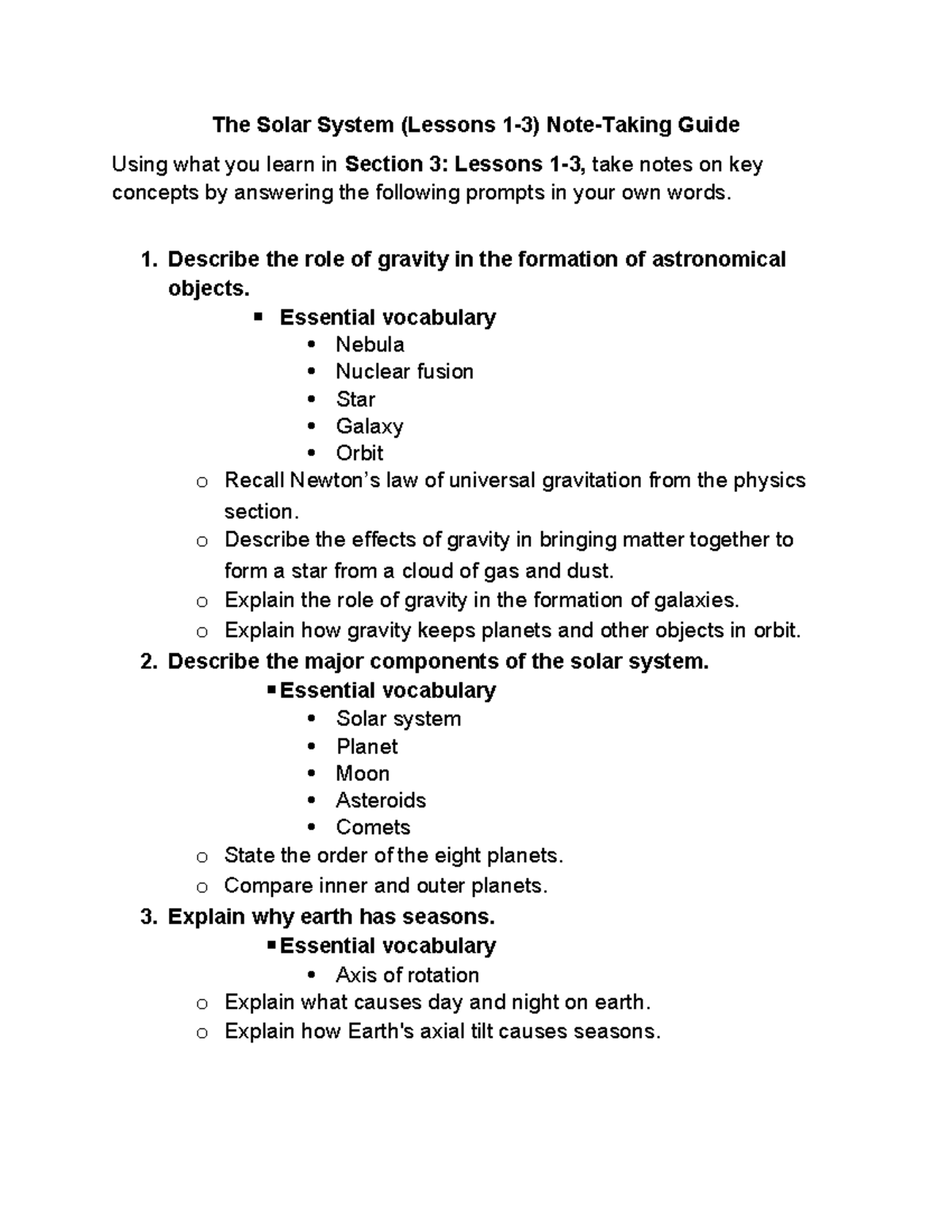 Section 3 The Solar System (Lessons 1-3) - The Solar System (Lessons 1 ...