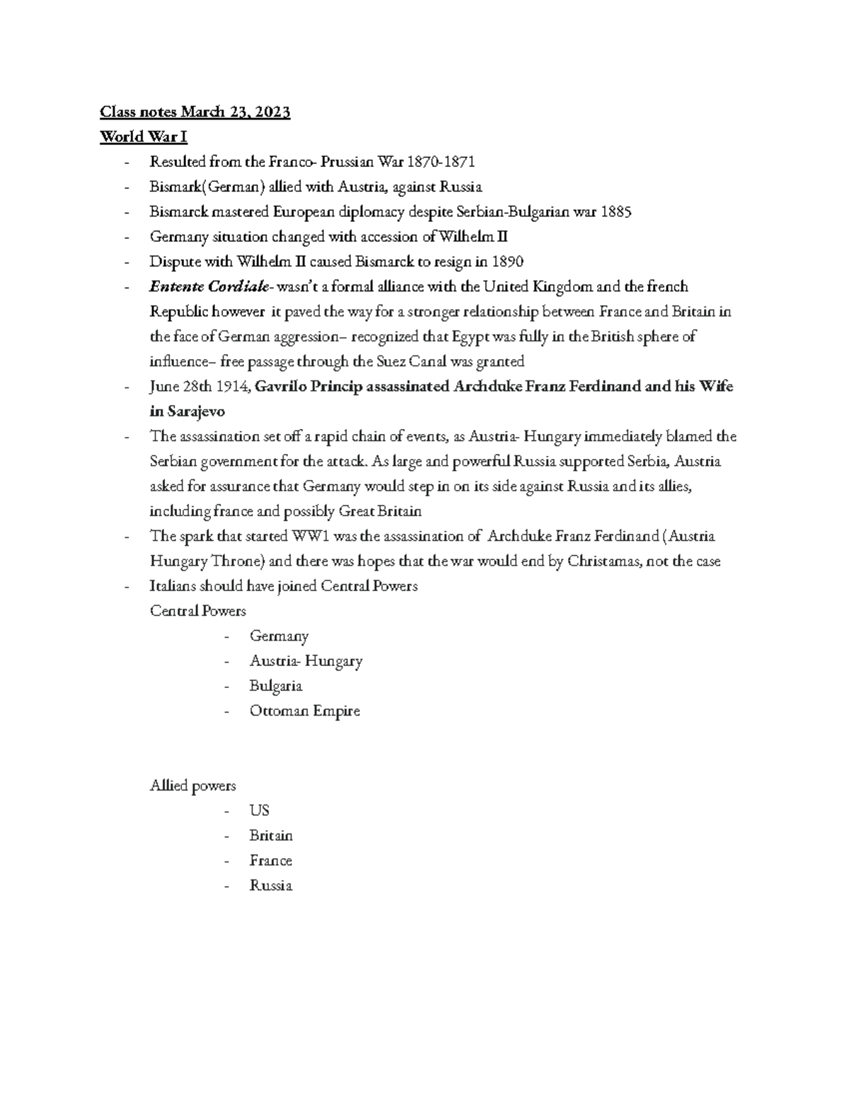 Europe in the World Study Guide - Class notes March 23, 2023 World War ...
