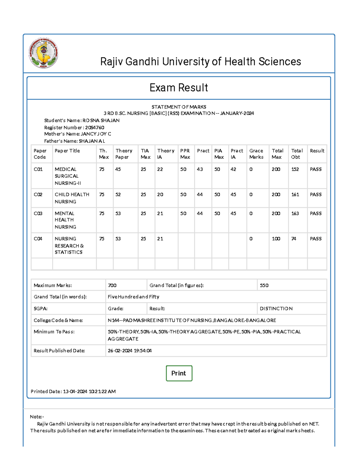 EMS Result - Rajiv Gandhi University of Health Sciences Exam Result ...
