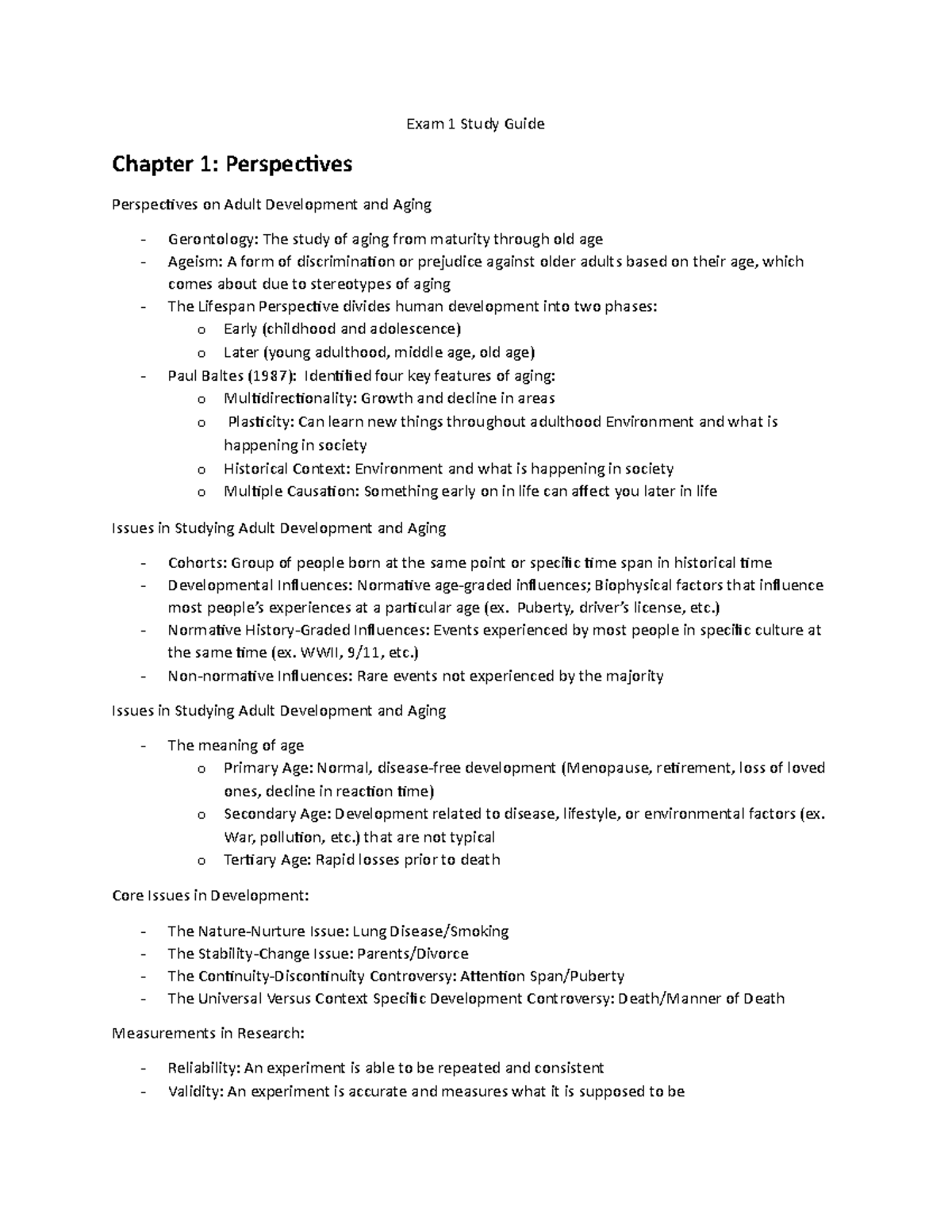 Lifespan II Study Guide for the material on Exam 1 - Exam 1 Study Guide ...