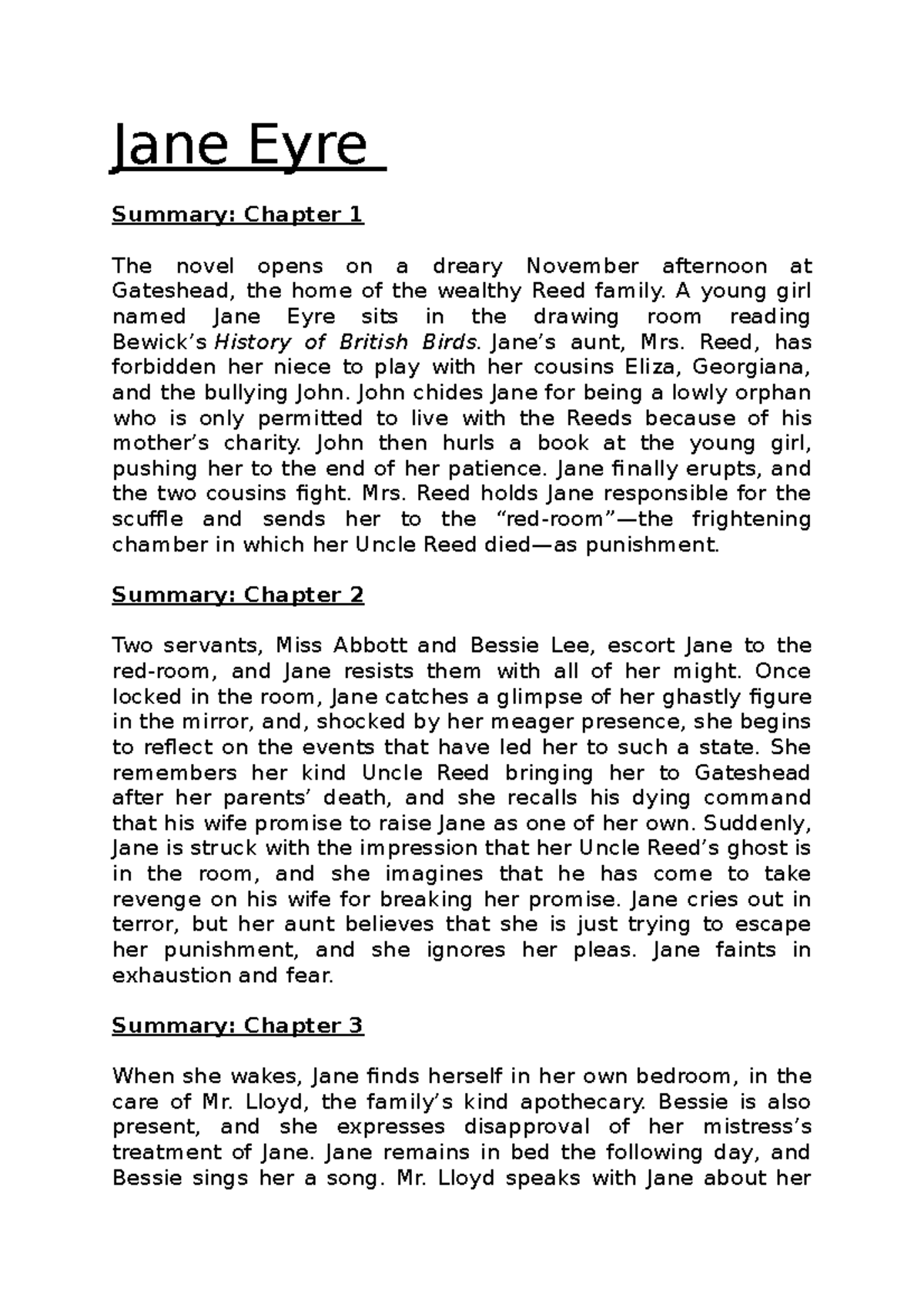 Jane Eyre Jane Eyre Jane Eyre Summary Chapter 1 The Novel Opens On