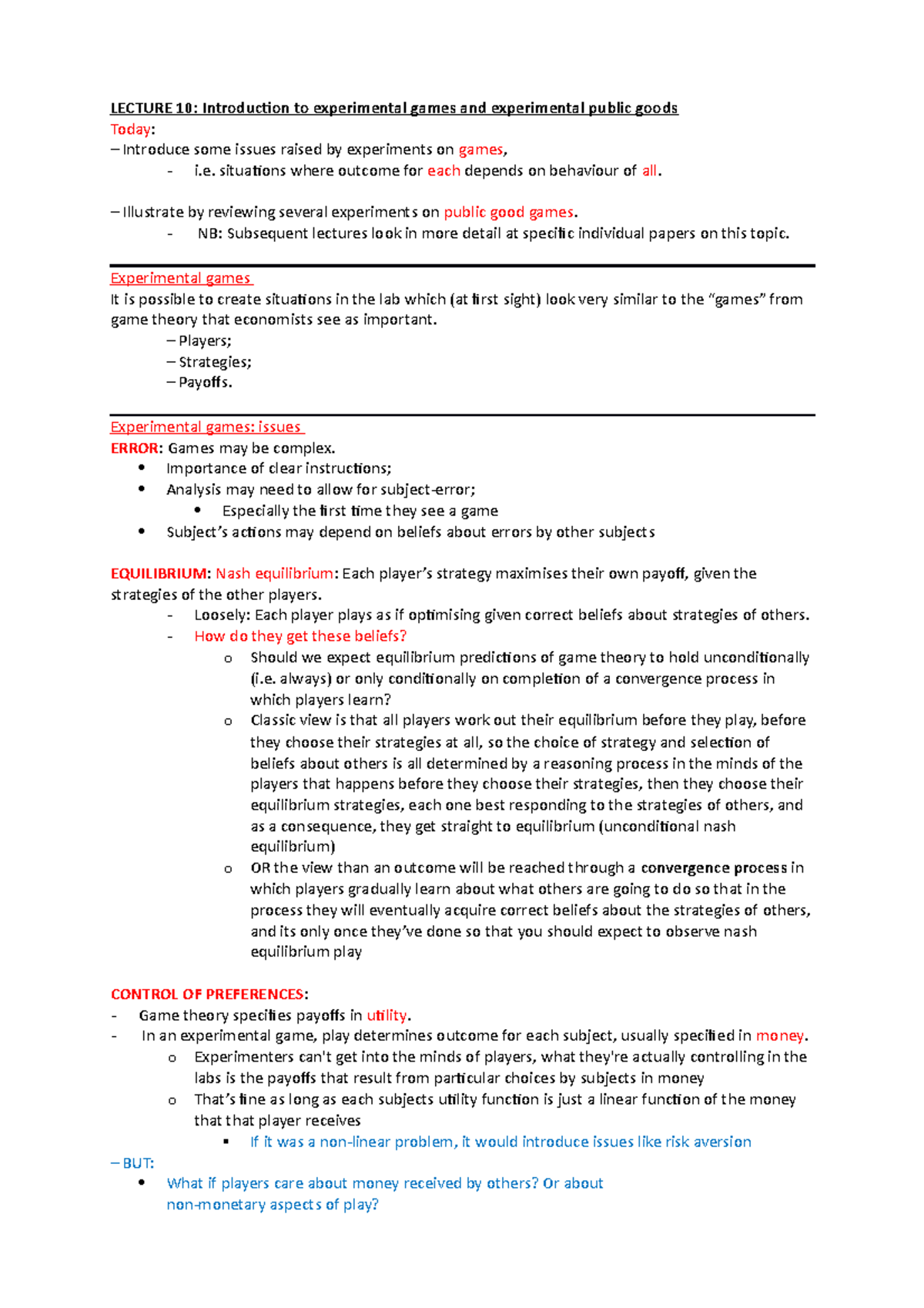 Behavioural notes - LECTURE 10: Introduction to experimental games and ...