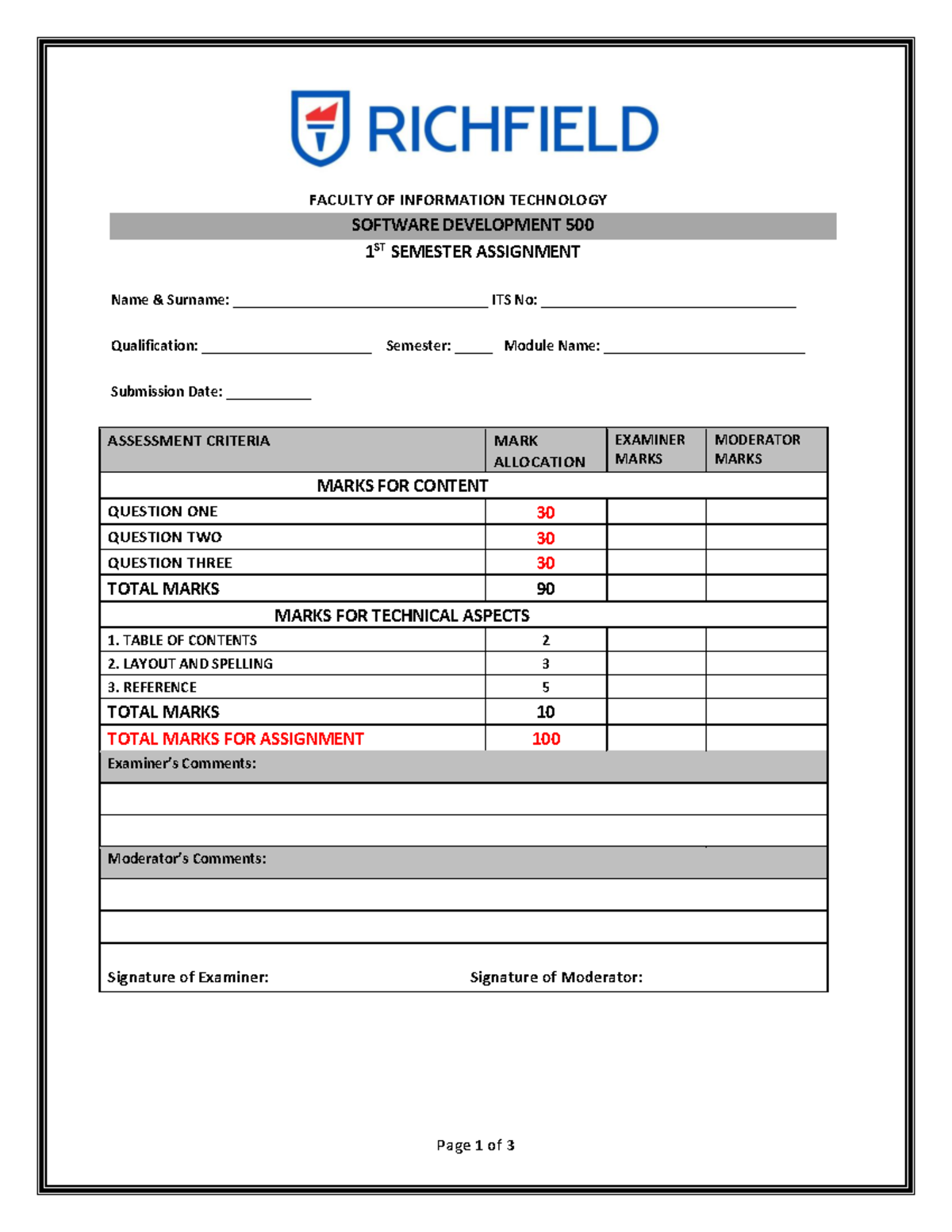 Software Development 500 - Page 1 of 3 FACULTY OF INFORMATION ...