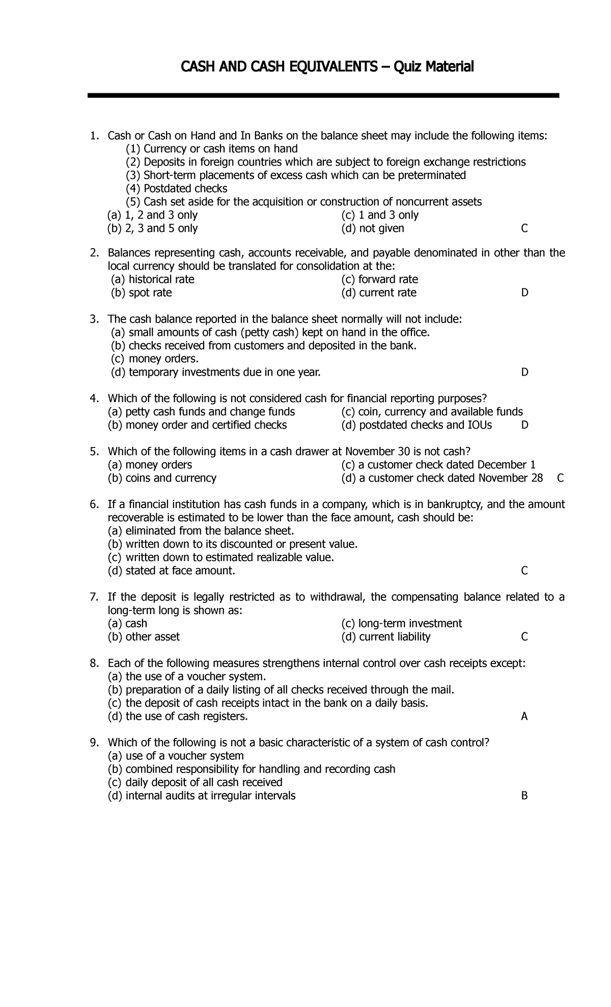 382834899 Cash Quiz doc - CASH AND CASH EQUIVALENTS – Quiz Material ...
