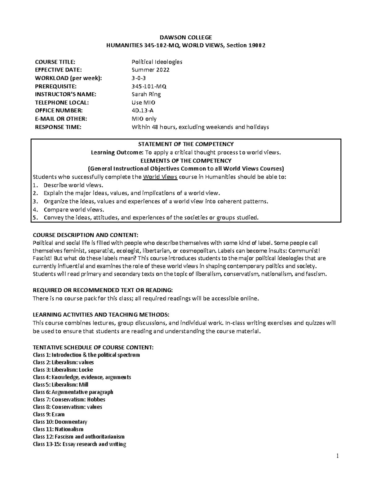 Ring 345-102-MQ 19002 - Course outline for worldviews. - 1 DAWSON ...