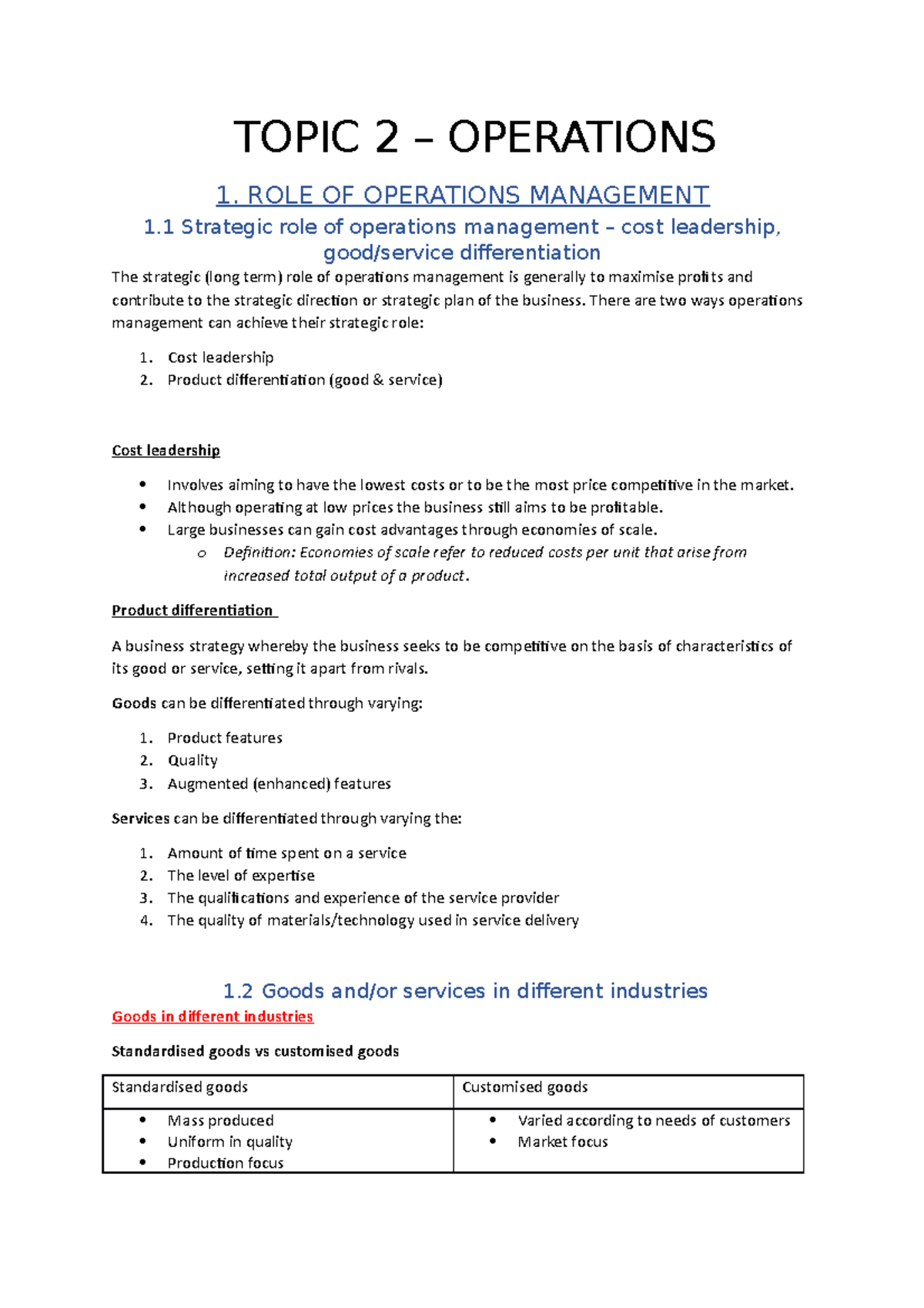 Operations Business Studies Notes - TOPIC 2 – OPERATIONS 1. ROLE OF ...