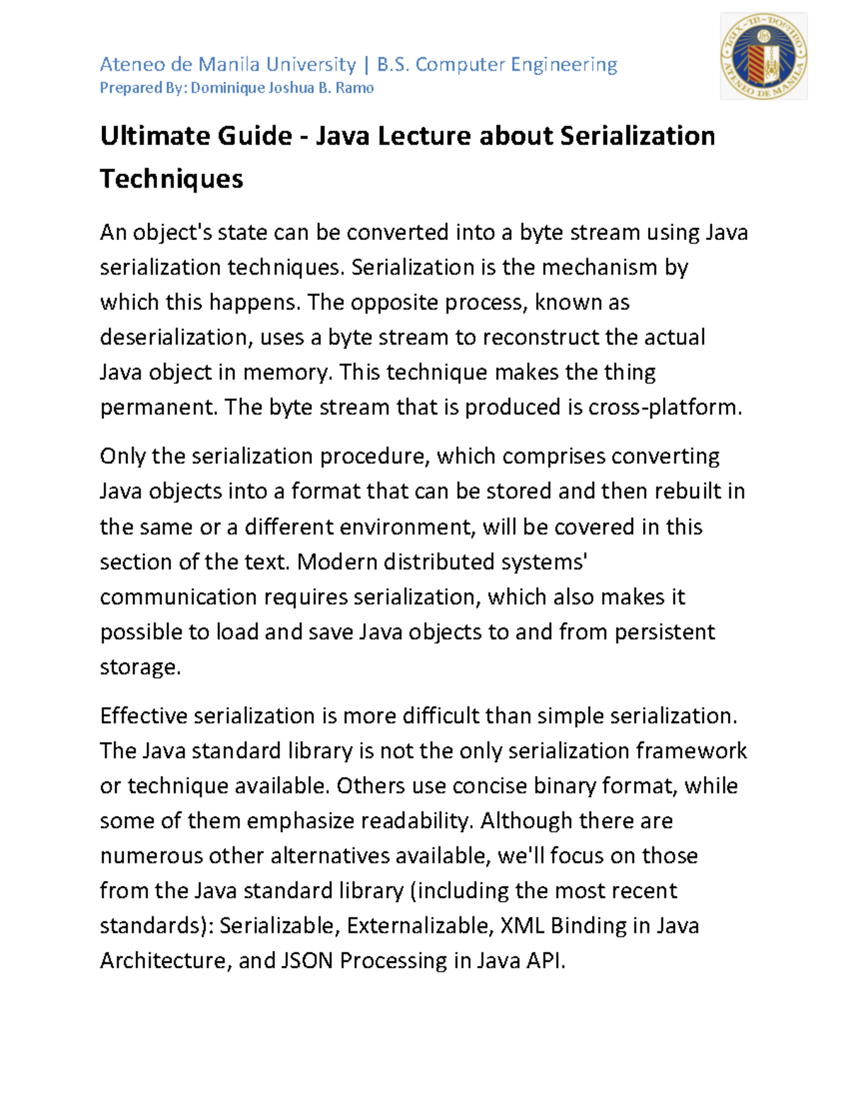 Study Guide - Java Lecture about Serialization Techniques - Prepared By: Dominique Joshua B ...