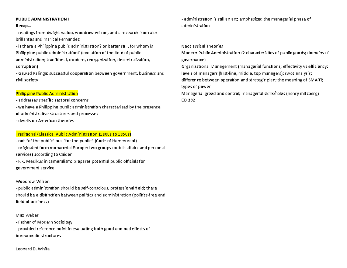 Philippine Public Administration 1 (Recap) - AB Foreign Service - Studocu