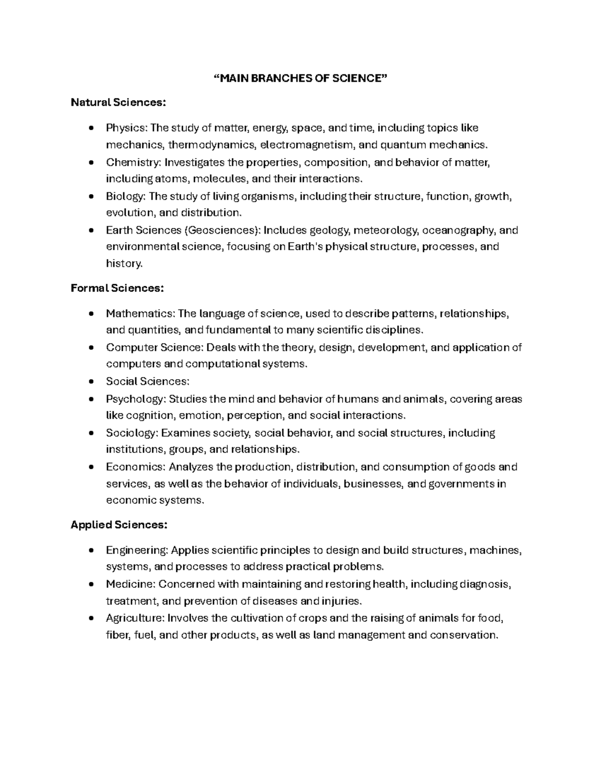 MBScience - the main branches of science. - “MAIN BRANCHES OF SCIENCE ...