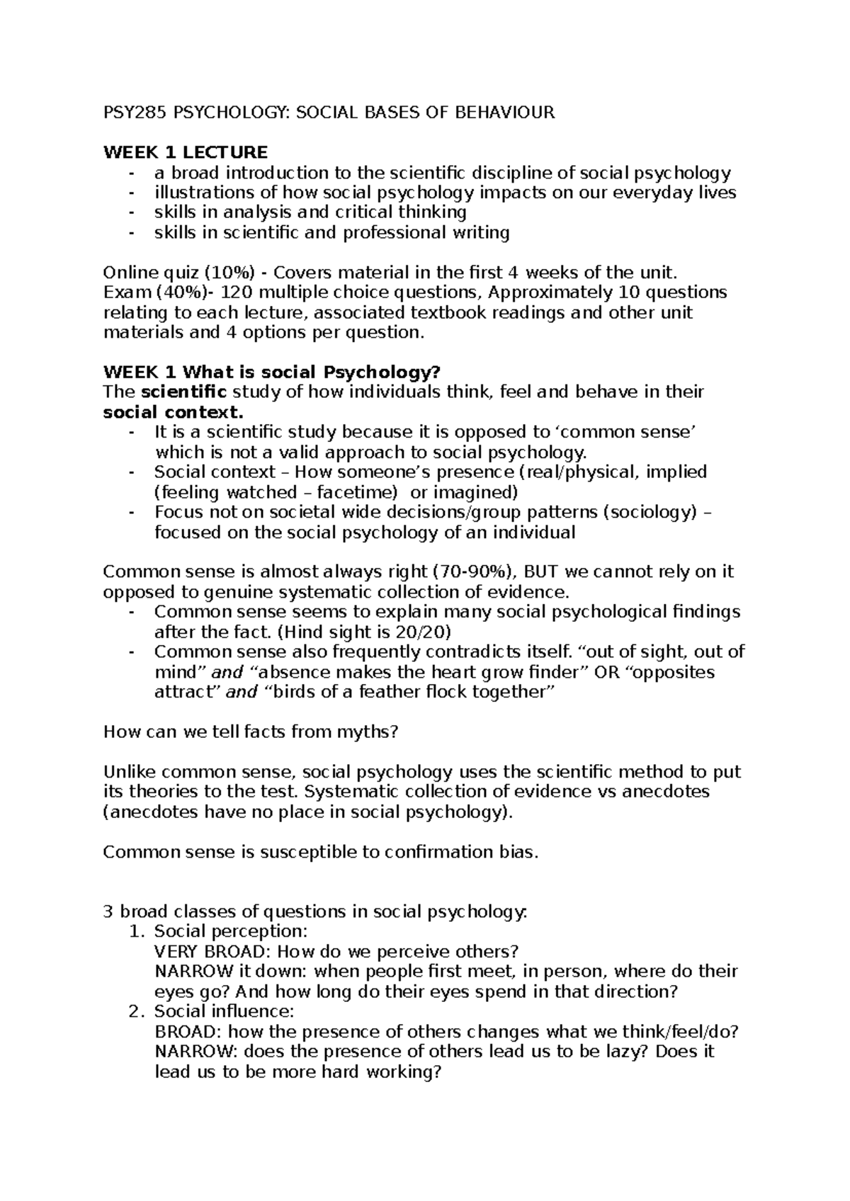 PSY285 Chapter 1 & 2 Textbook:Lecture Notes - PSY285 PSYCHOLOGY: SOCIAL ...