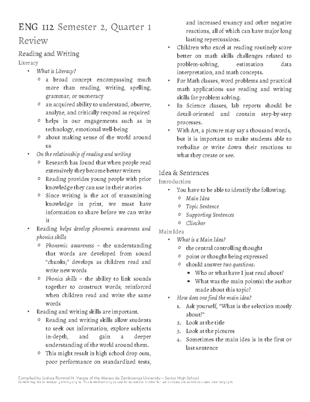 ENG112 Quarter Exam Review - ENG 112 Semester 2, Quarter 1 Review Reading and Writing Literacy ...