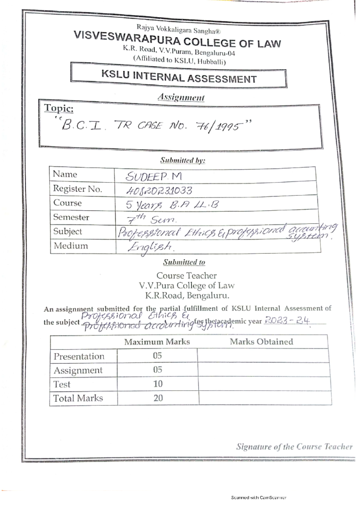 BCI Tr case no 76-1995 - Model paper for Assignment writing - Rajya ...