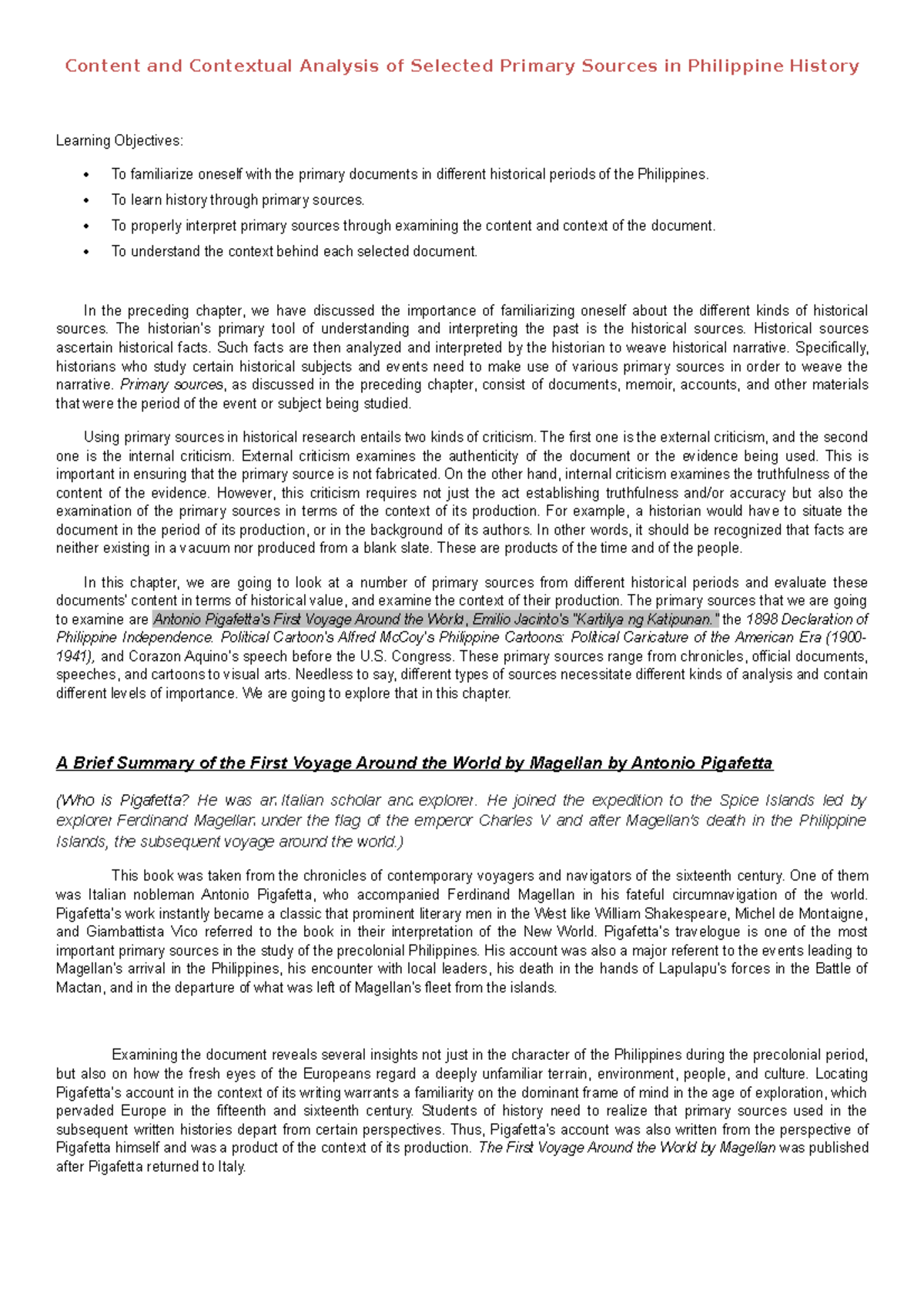 Readings in the Philippine History - Content and Contextual Analysis of ...