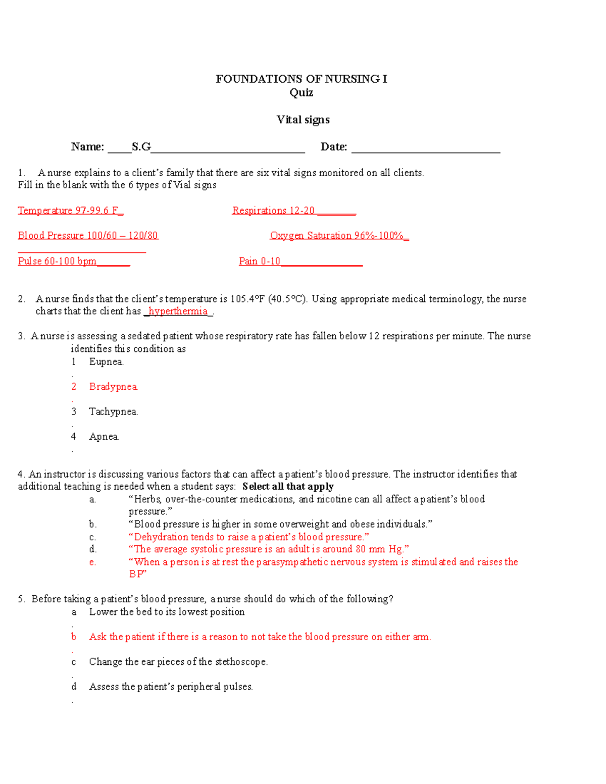 NUR 174 Vital Signs Assignment - FOUNDATIONS OF NURSING I Quiz Vital ...