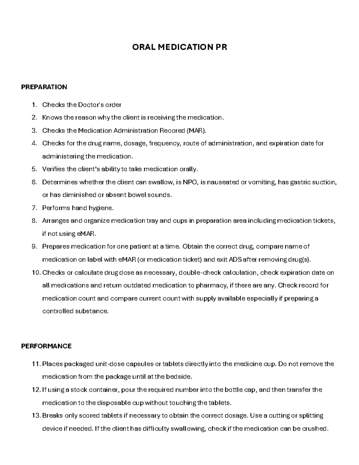 WEEK 6 PR RD - ORAL MEDICATION PR PREPARATION Checks the Doctor's order ...