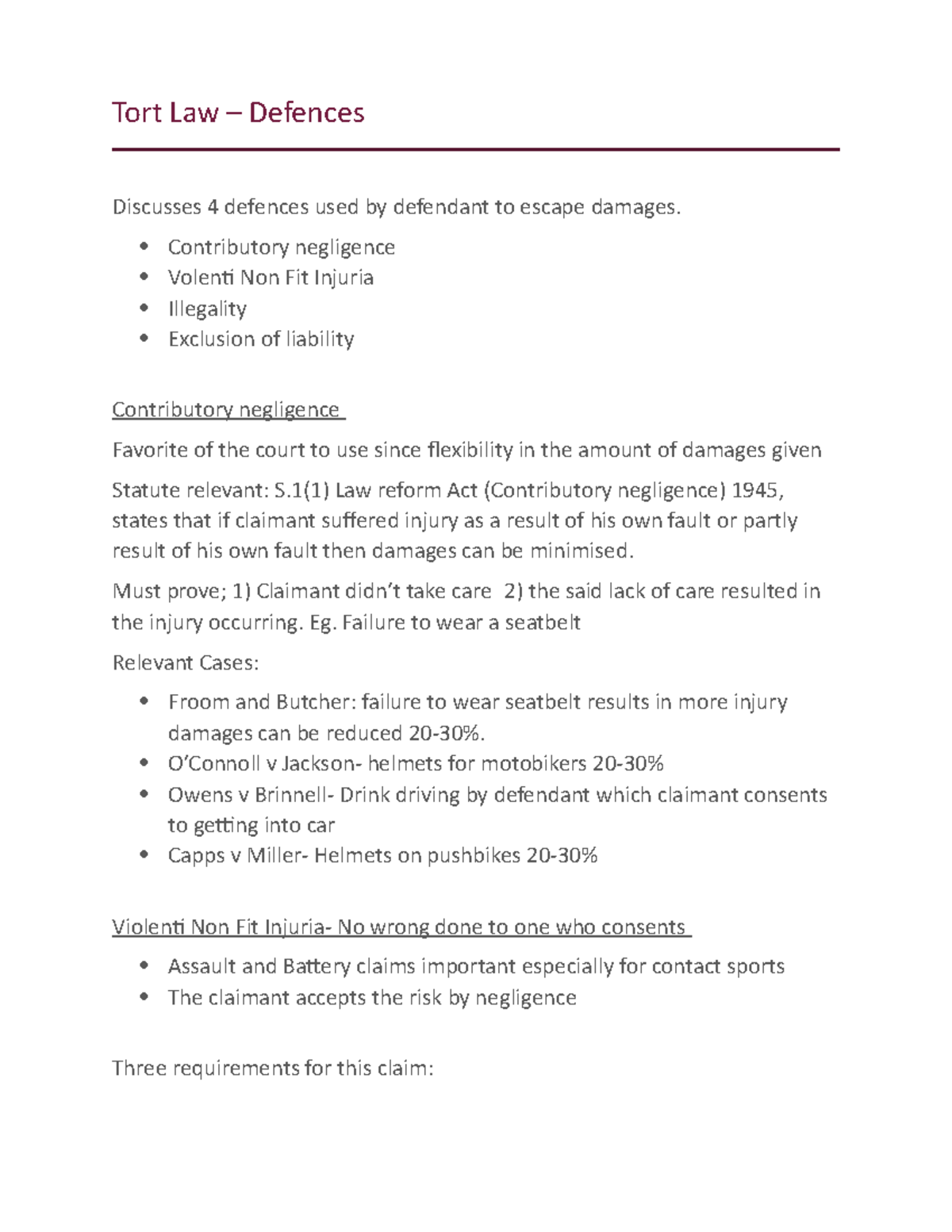 Lecture 10- Defences - Tort Law – Defences Discusses 4 defences used by ...