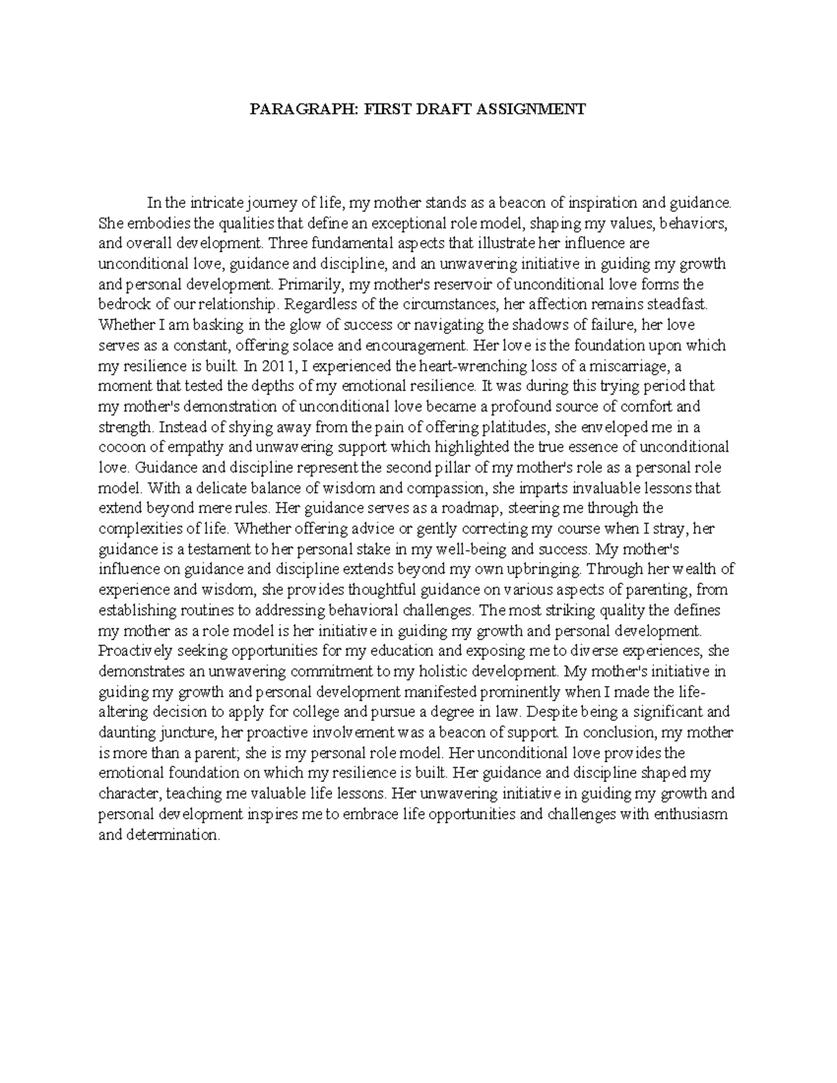 Paragraph First Draft Assignment Final - PARAGRAPH: FIRST DRAFT ASSIGNMENT In the intricate ...