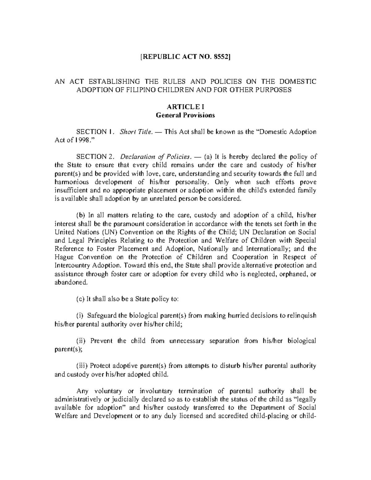 RA 8552 Domestic Adoption - Juris Doctor - MSU Main - Studocu