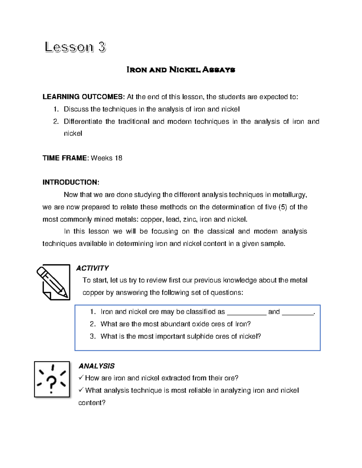 Lesson 3 Iron and Nickel Assays - Iron and Nickel Assays LEARNING ...