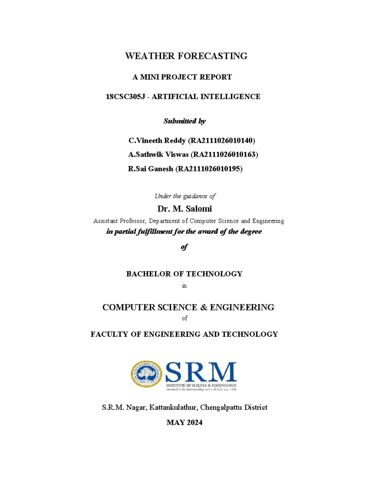 Ai sample - WEATHER FORECASTING A MINI PROJECT REPORT 18CSC305J ...