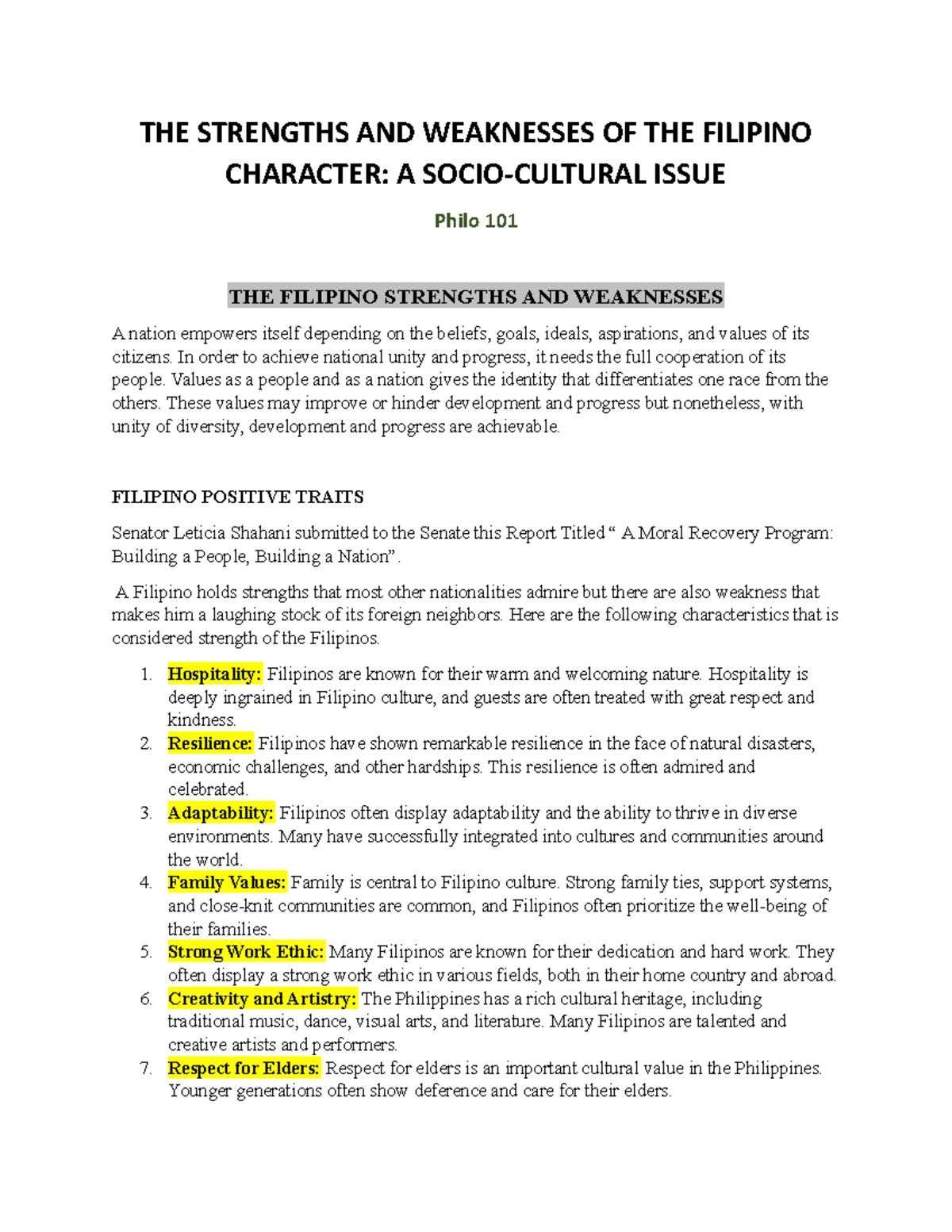Philo 101 THE Strengths AND Weaknesses OF THE Filipino Character - THE STRENGTHS AND WEAKNESSES ...