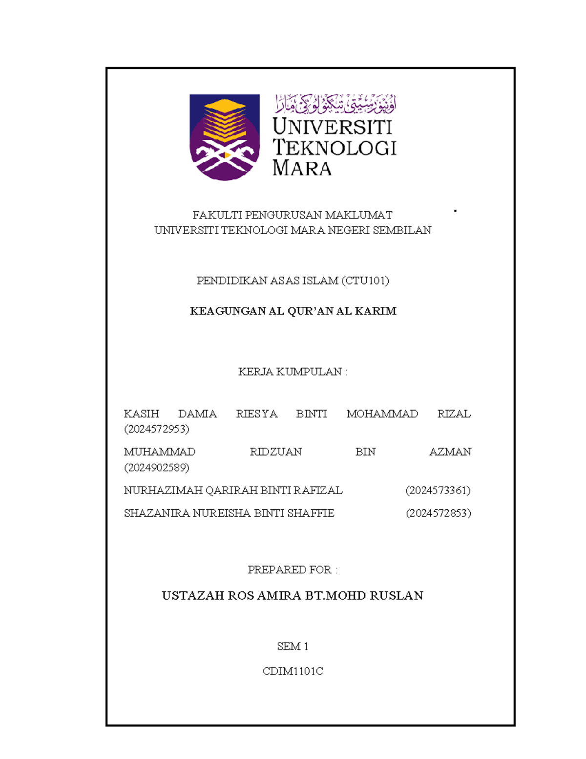 CTU 1012 final final Draft - INFORMATION SCIENCE STUDIES COLLEGE OF COMPUTING, INFORMATIC AND ...