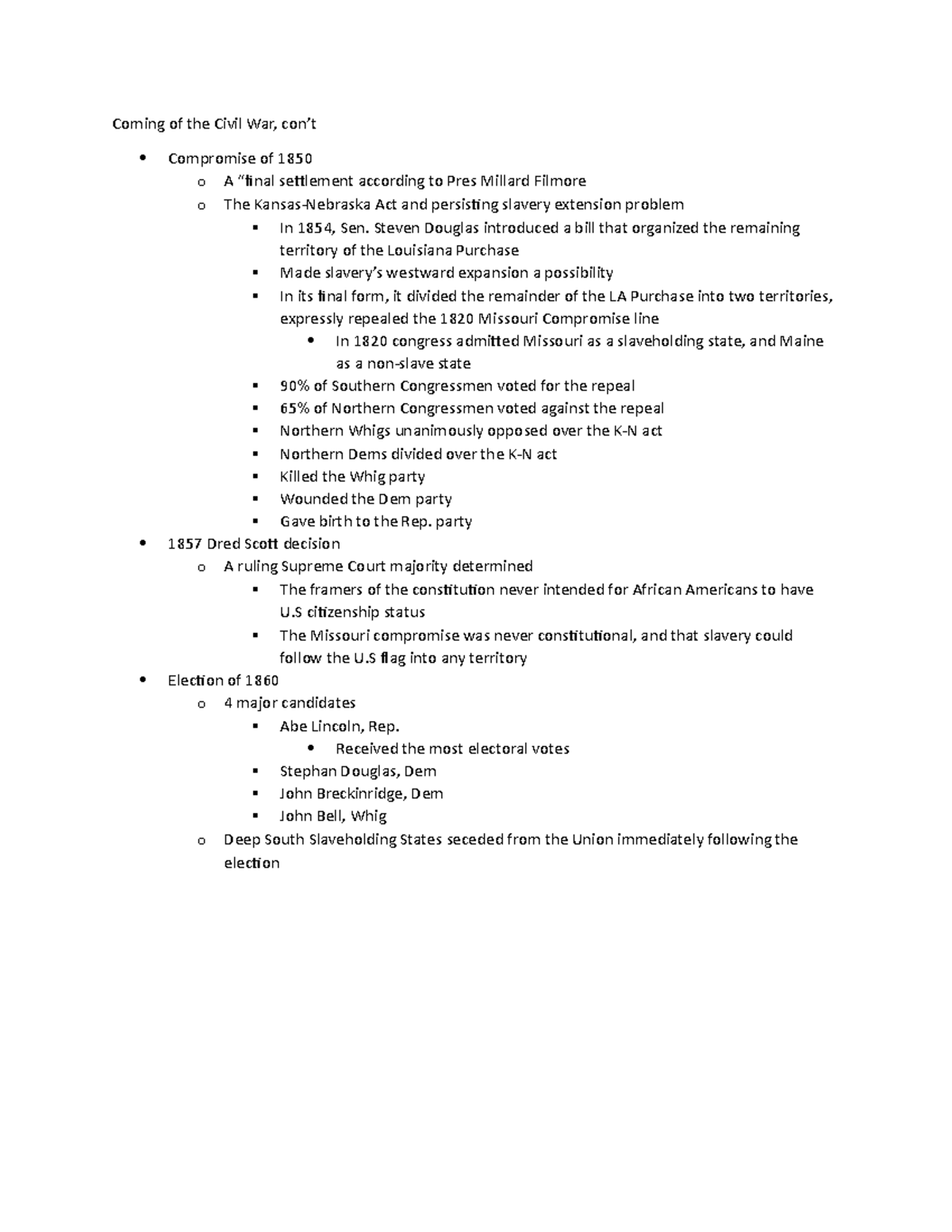 04-25-2018 Notes - Coming of the Civil War, con’t Compromise of 1850 o ...