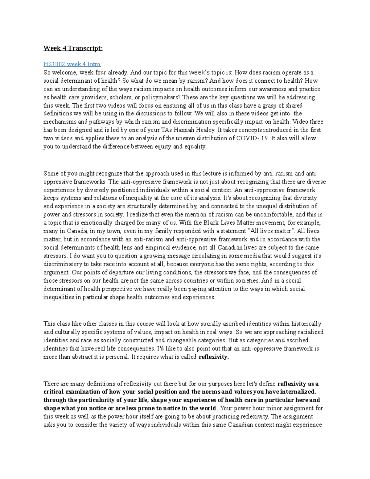 Transcript+Week+4+ 1 - hs transcript - Week 4 Transcript: HS1002 week 4 Intro So welcome, week ...