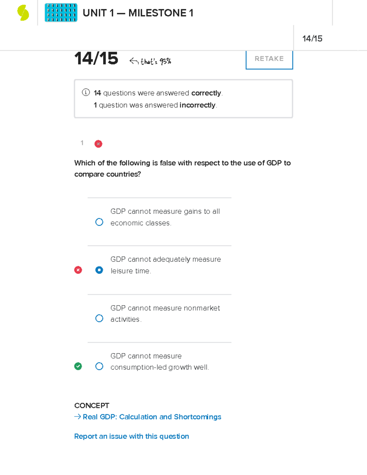 Macroeconomics_Unit1_Milestone1 - 1 CONCEPT → Real GDP: Calculation and Shortcomings 14/15 that ...