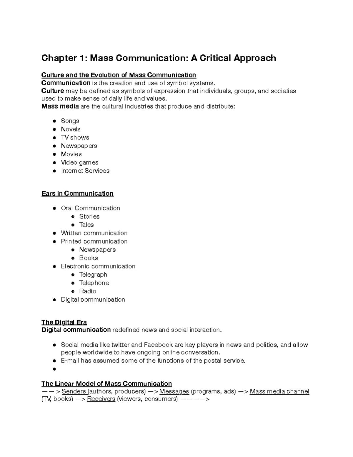 JLMC Chapter 1 - Lecture notes 1 - Chapter 1: Mass Communication: A ...