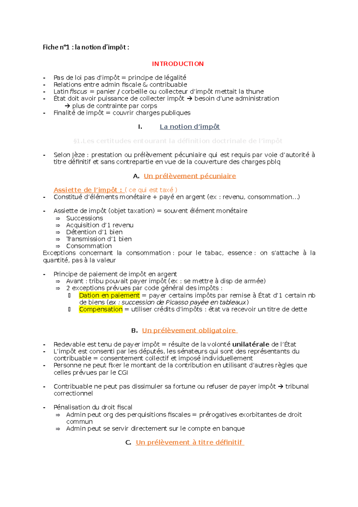 Fiche n°1 - la notion d'impôt - Fiche n°1 : la notion d’impôt : INTRODUCTION Pas de loi pas d ...