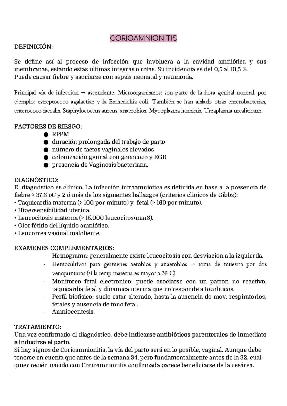 Corioamnionitis - CORIOAMNIONITIS DEFINICIÓN: Se define así al proceso ...