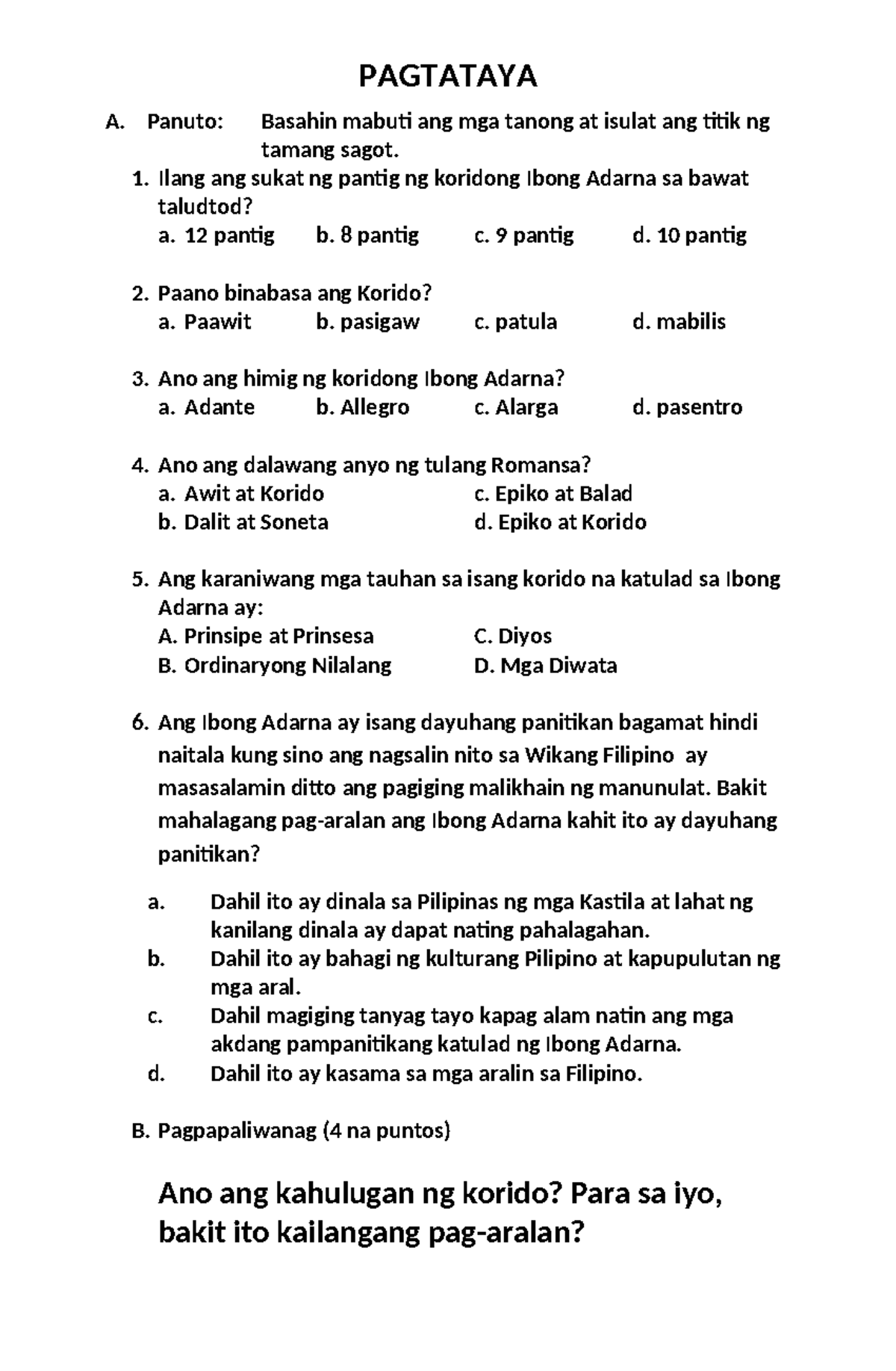 Pagtataya SA 1ST DEMO - fill 005 midterm - PAGTATAYA A. Panuto: Basahin ...