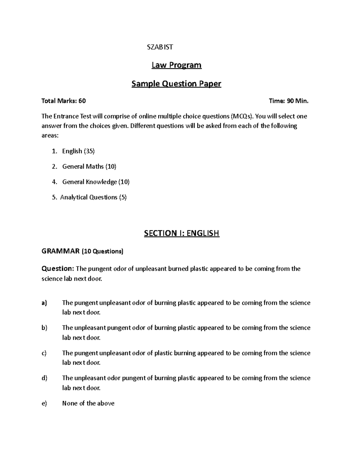 Law - SZABIST Law Program Sample Question Paper Total Marks: 60 Time ...