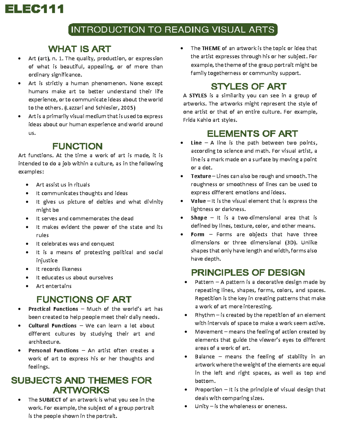 RVA- Reviewer - notes - INTRODUCTION TO READING VISUAL ARTS Art (art ...