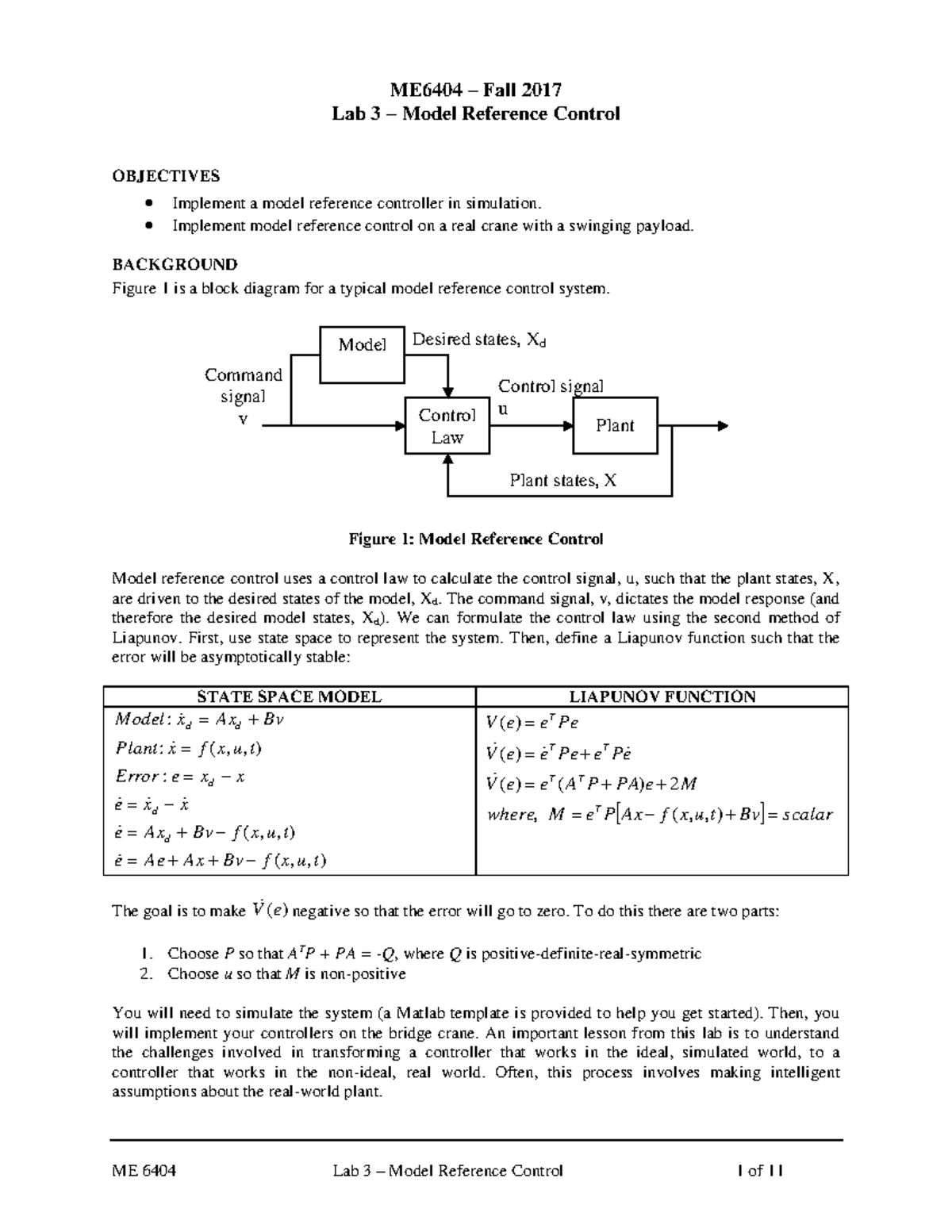 Lab 3 - 2017 - wd dwq - ME6404 – Fall 2017 Lab 3 – Model Reference Control OBJECTIVES Implement ...