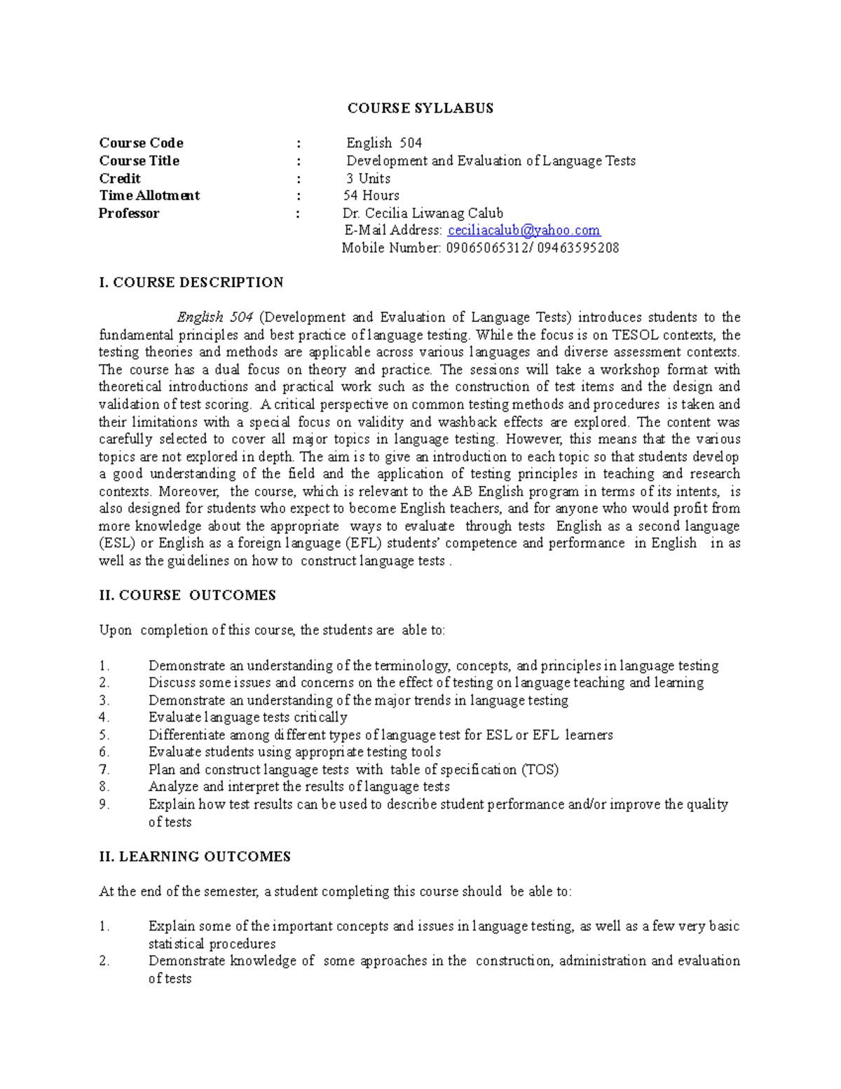 Sample Outcome Based Course Syllabus ON - COURSE SYLLABUS Course Code ...