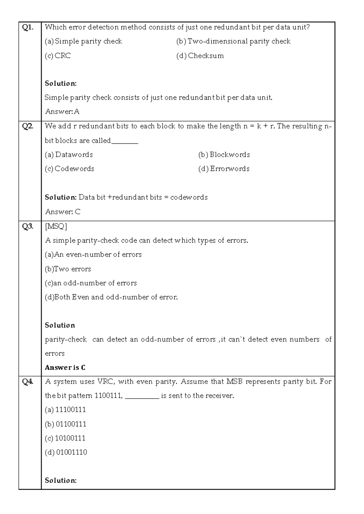 2 Data Link Layer Error Control - Q1. Which error detection method consists of just one ...