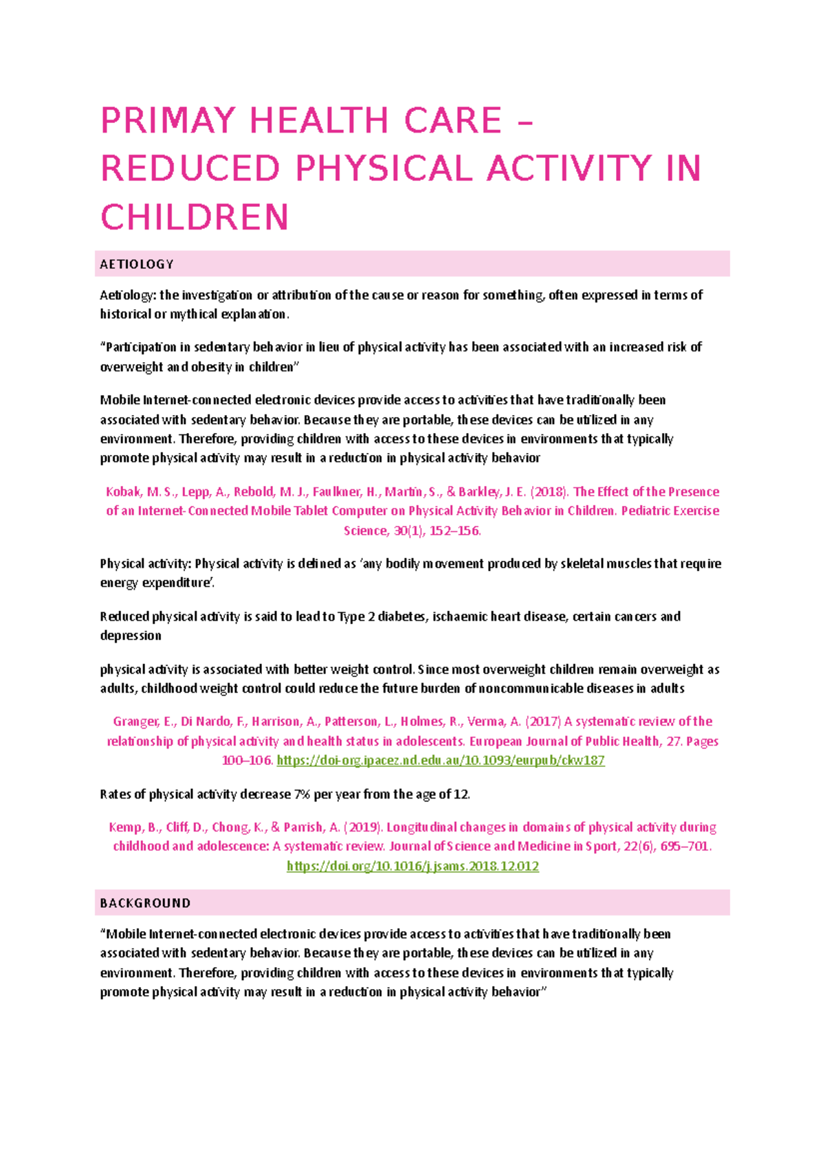 Primay Health CARE - Lecture notes all - PRIMAY HEALTH CARE – REDUCED ...